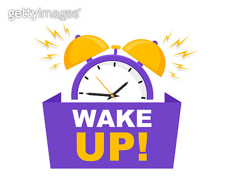 Alarm clock with banner Wake up. Wake up time badge. Ringing alarm ...