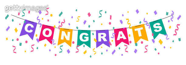 Congrats banner. Congratulation with colored bunting flags and confetti ...