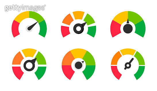 Speedometer icons. Colored scale speedometers. Gauge, dashboard, scale ...