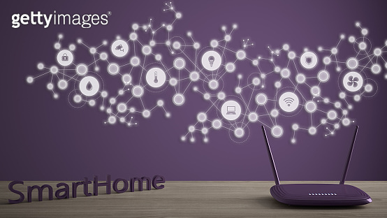 Wi-Fi wireless router on wooden table, smart home, geometric abstract ...