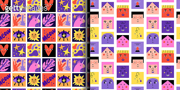 Abstract square faces seamless pattern. Funny cartoon characters ...