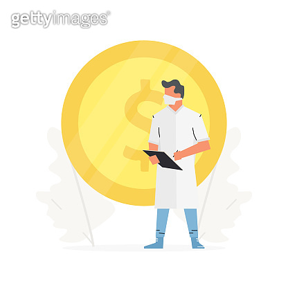 The doctor stands in front of a large gold coin. Health insurance for ...