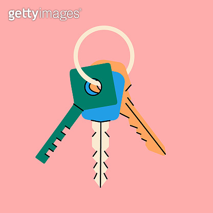 Bunch of different keys with ring keyholder. Colored hand drawn house ...