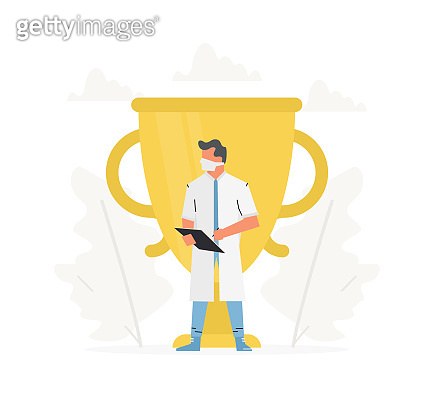 The doctor stands in front of gold trophy cup. Choose best doctor for ...