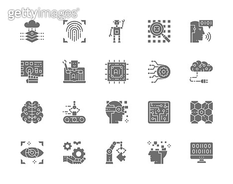 Set of Artificial Intelligence Grey Icons. Chatbot, Big Data, Database ...