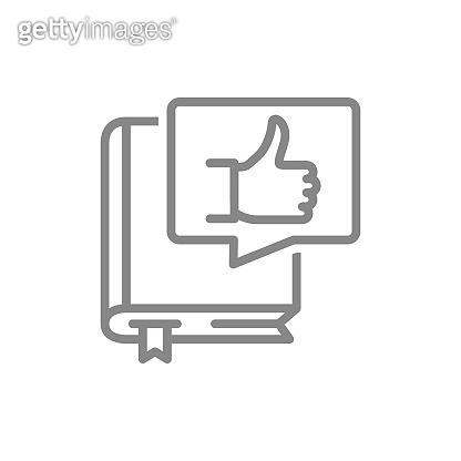 Open book with thumb up in speech bubble line icon. Best book, good ...