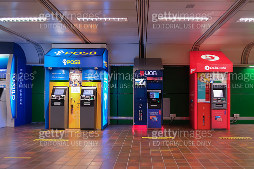Singapore 2021 Front view of standalone ATM booths in MRT train station ...