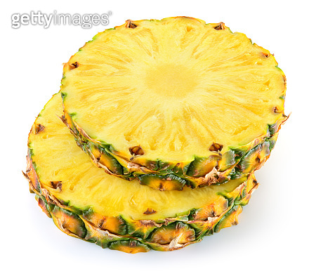 Pineapple slice isolated. Cut pineapple round slices on white ...