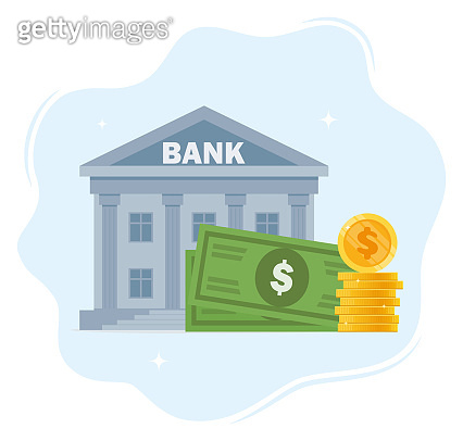 Bank building and money, bank financing, money exchange, financial ...