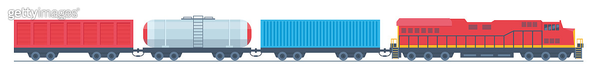 Freight train with wagons, tanks, freight, cisterns. Railway locomotive ...