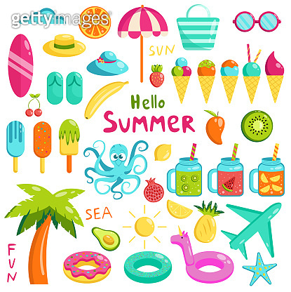 Vector flat set of summer elements. Collection of cute summer items ...