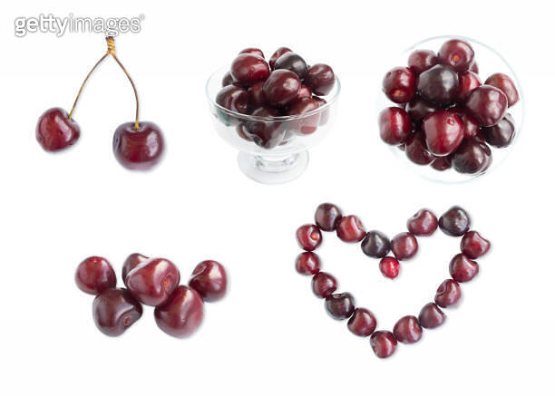 Cherry set from different angles on white. Red cherries isolated on a ...