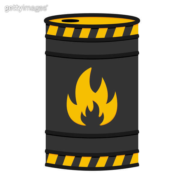 Black with yellow color explosive barrel has a yellow warning sign with ...