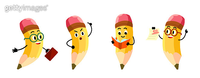 Set of cartoon pencils with emoji faces. Childish pencils mascot ...