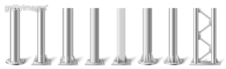 Metal pole pillars set, steel pipes of different diameters bolted on ...