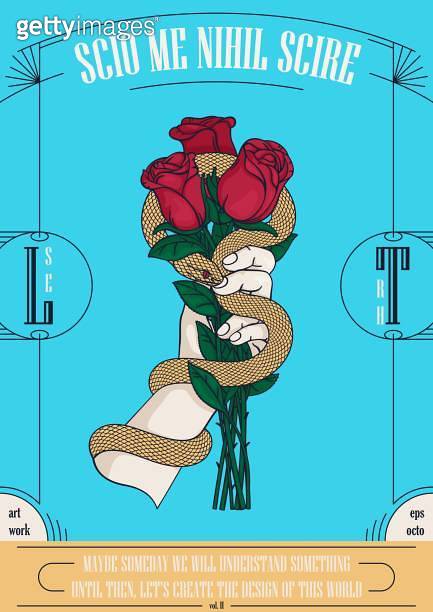 Hand holds a bouquet of roses among which a snake. Mystical retro card ...