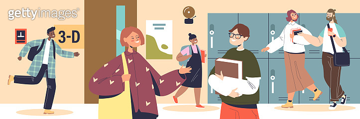 Pupils in school corridor. Group of kids classmates talking on break ...