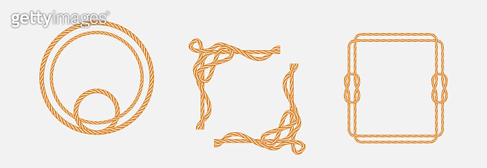 Decorative rope frames. Realistic hemp thread with knots and loops ...
