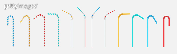 Realistic color drinking straw. Plastic bendy pipes for cold beverages ...