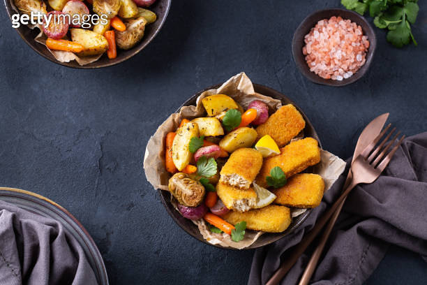 Vegan Plant based fish, fishless fingers with roasted vegetables ...