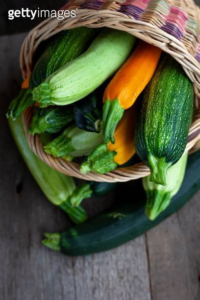 A set of multi-colored zucchini yellow, green, white, orange on the ...