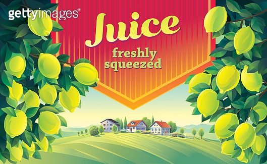 Rural scenery, with lemon tree branches, in the foreground and design ...