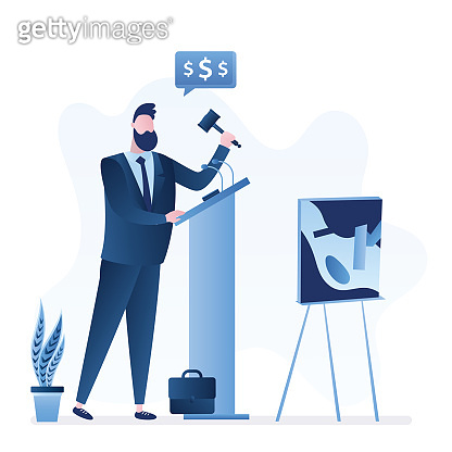 Auction, cartoon male auctioneer sells artworks. Handsome trader ...