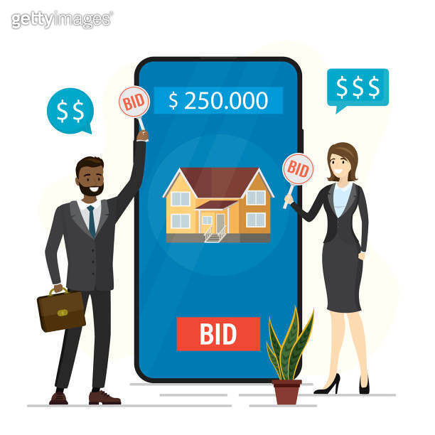 Online auction on smartphone screen. House is being sold online ...