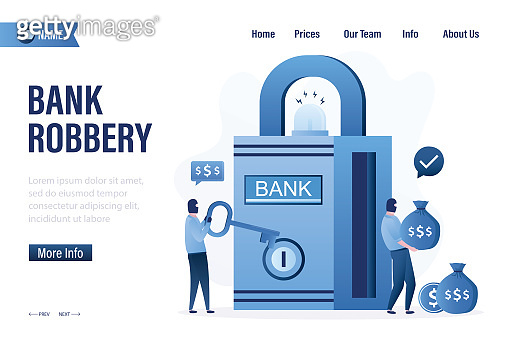 Bank robbery, landing page template. Robbers take money out of well ...