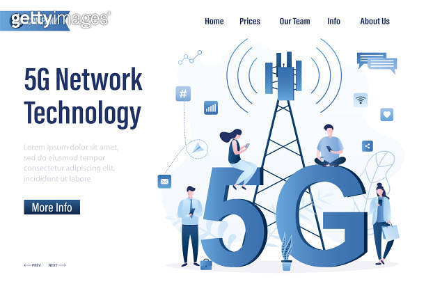 5G Network technology, landing page template. Various people catch 5G internet connection. Young ...