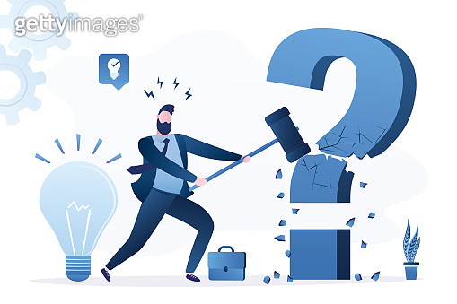 Businessman uses hammer and smashing large question mark. Problem ...
