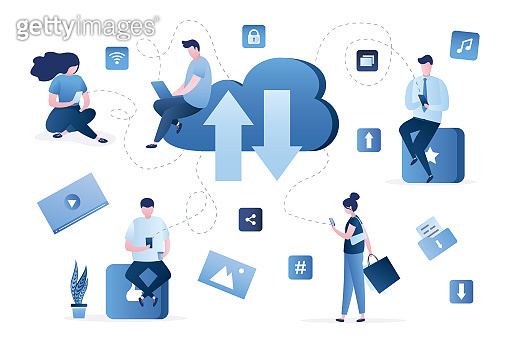 Virtual data storage. Business persons loading media content from ...