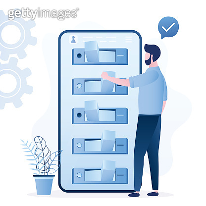 Male user moves sliders of settings. Smartphone system adjust, control ...