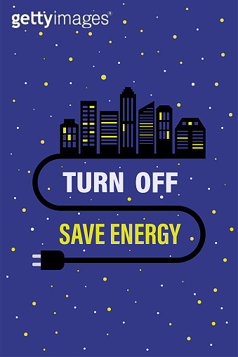 Turn off - save energy, concept. Dark buildings with lights ...
