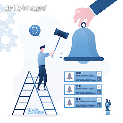 Hand holds bell. Businessman ring bell using hammer. Office worker sets ...