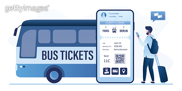 Mobile application for buying tickets online. Male user booking bus ...