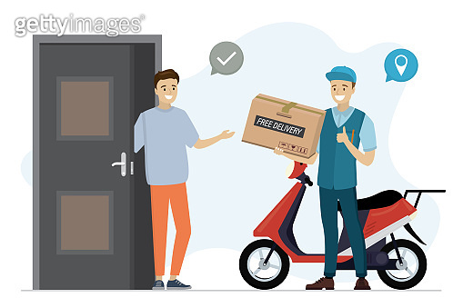 Cartoon caucasian client near door and happy deliveryman with parcel ...