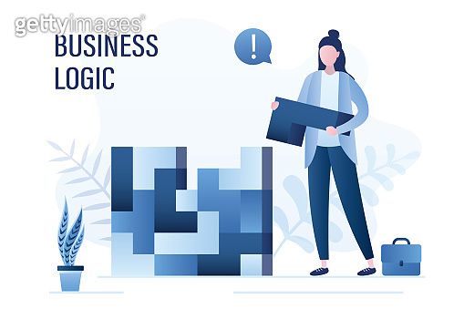 Business logic, concept banner. Entrepreneur collects a complex puzzle ...