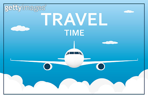 Travel time, banner template. Plane is flying in the sky. Modern ...