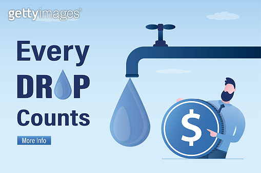 Save water, every drop counts. Pipe with water tap and giant drop ...