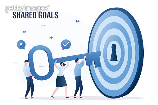 Shared goals. Businesspeople holds big key and hit business target ...