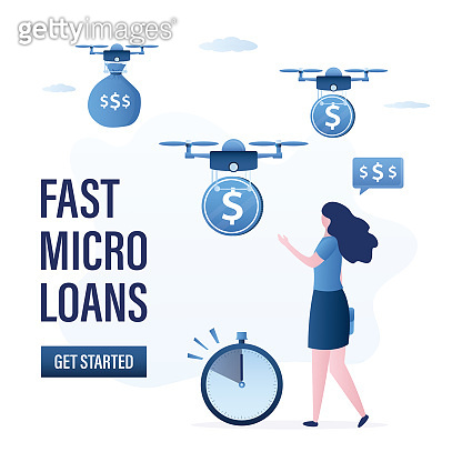 Group of drones bring dollar coins and money bag to a businesswoman ...