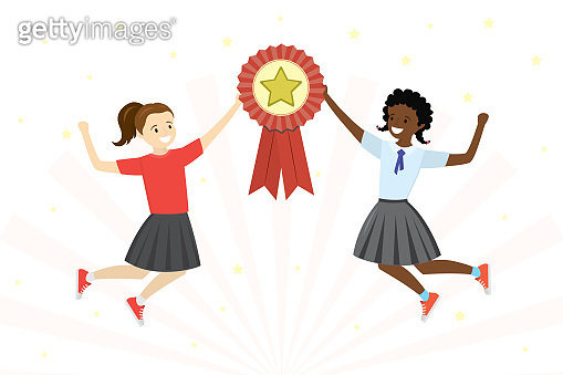 Happy multi ethnic kids in jump. Successful team holds winner medal ...