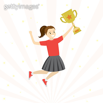 Happy caucasian schoolgirl in jump. Successful student girl holds ...
