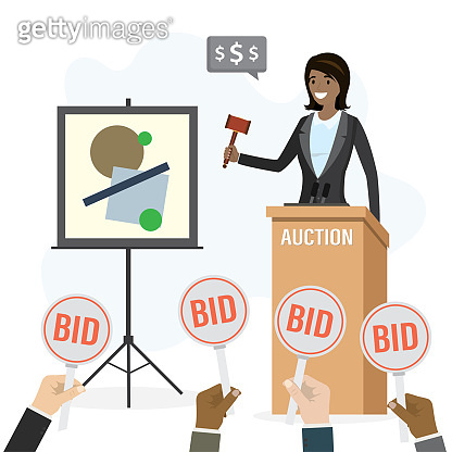 Auction, concept banner. Cartoon female auctioneer uses hammer for ...