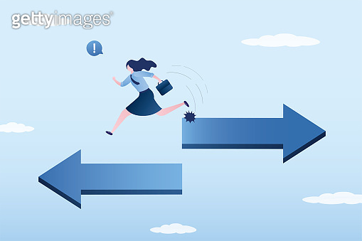 Confident businesswoman change from arrow sign to other direction ...