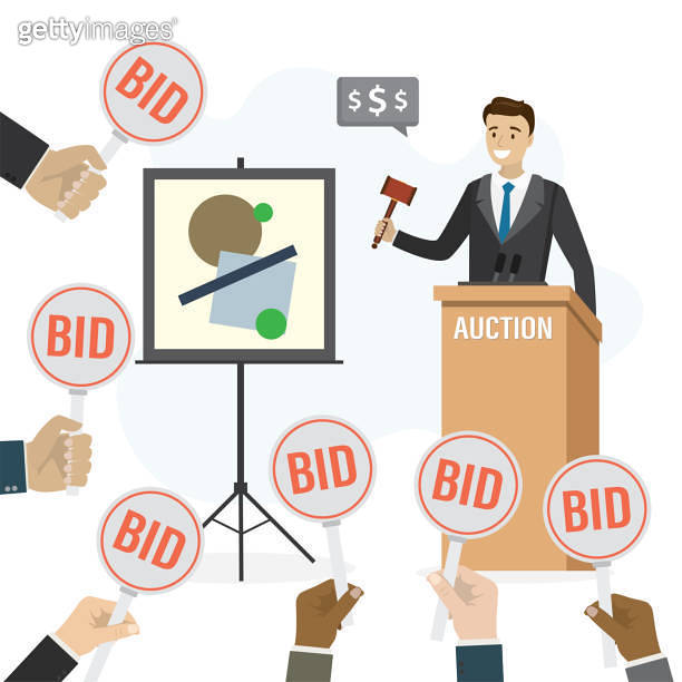 Auction, concept banner. Cartoon male auctioneer uses hammer for sells ...