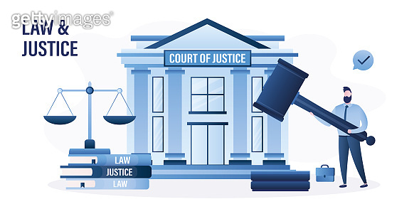 Court of justice building, judge or attorney holds big gavel. Law and ...