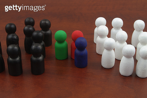 Redd, green and blue people figures between two groups of white and ...