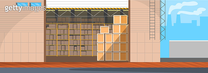 Warehouse interior with cardboard box on shelf, equipment. Storehouse ...